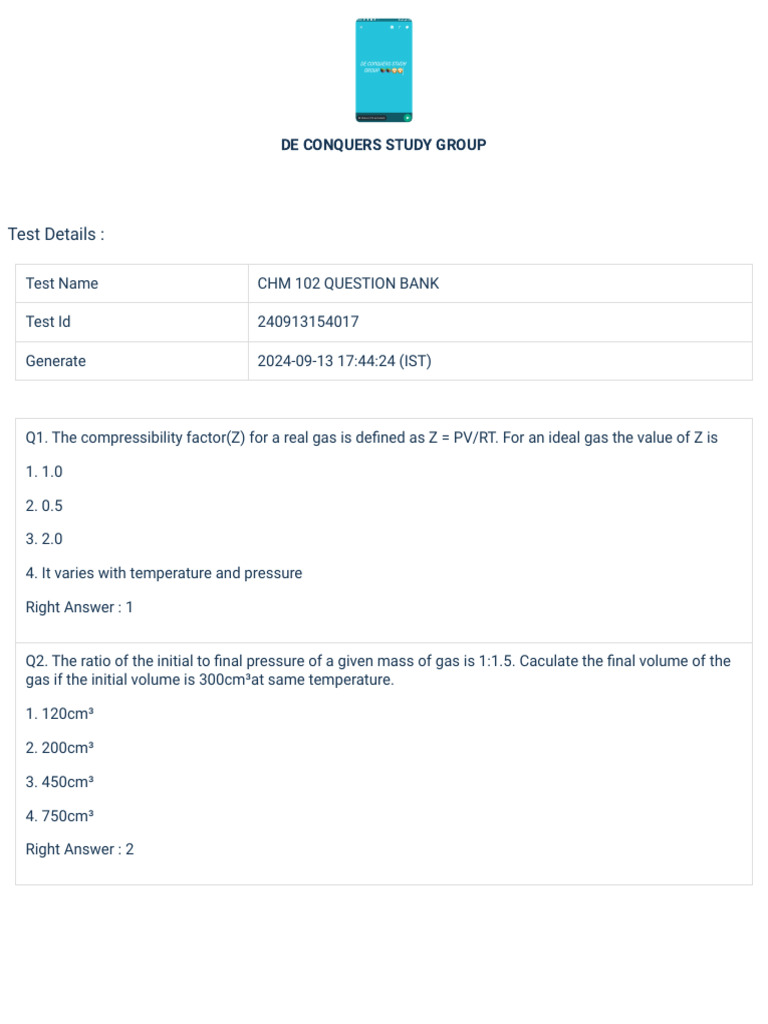 CHM 102 Question Bank | PDF | Gases | Entropy