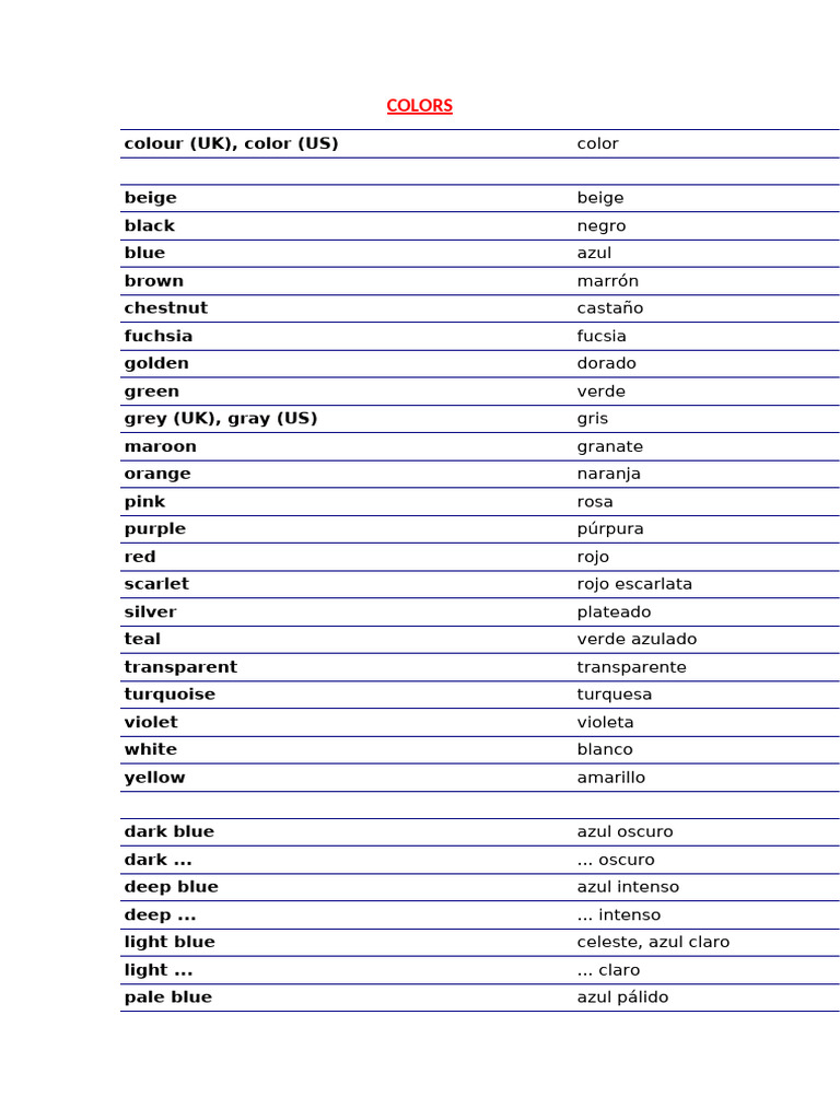 Lista de Colores en Español e Inglés | PDF | Azul | Color