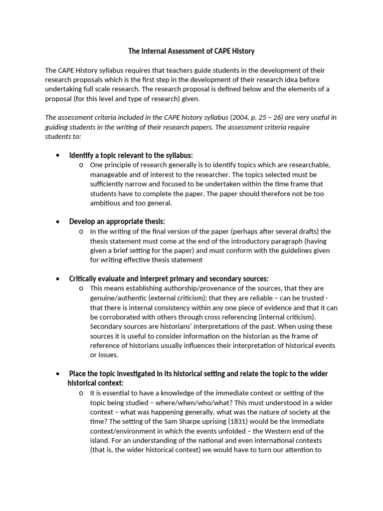 The Internal Assessment of CAPE History | PDF | Historian | Historiography