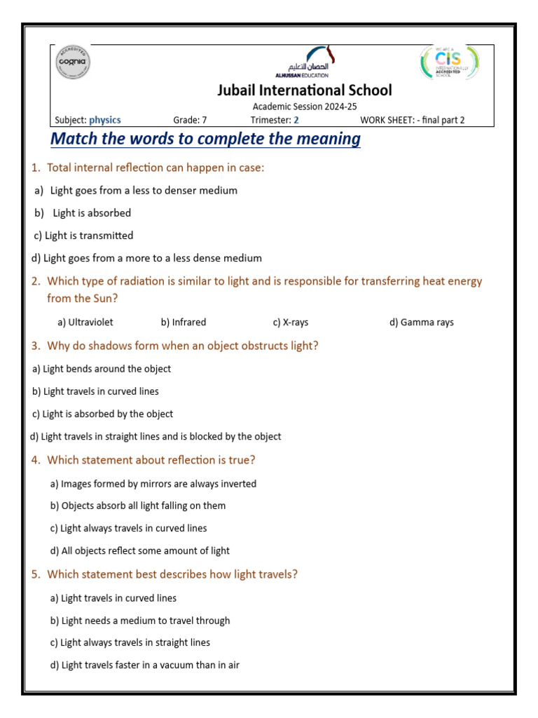 final work sheet - grade 7 - part 2 | PDF | Light | Reflection (Physics)