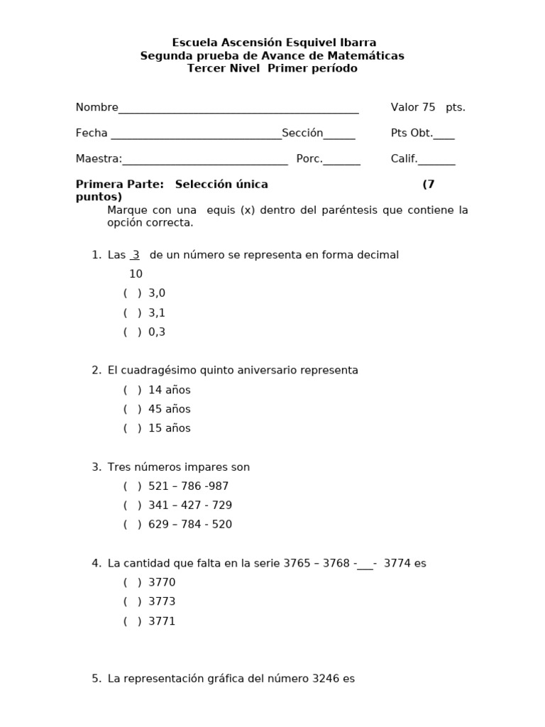 II prueba mate III grado | PDF