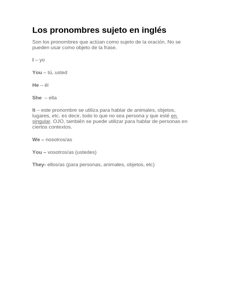 Pronombres sujeto en inglés explicados | PDF