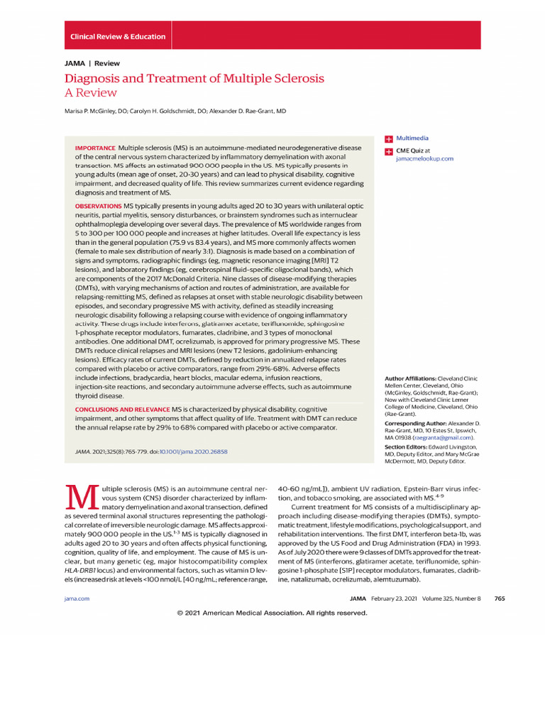 JAMA Diagnosis and Treatment of Multiple Sclerosis | PDF