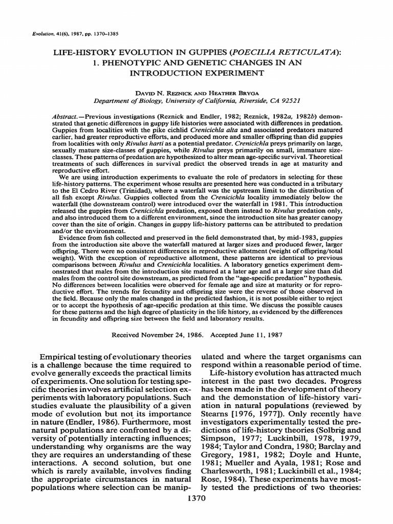 Life_History_Evolution_in_Guppies_Poecil | PDF | Evolution | Zoology