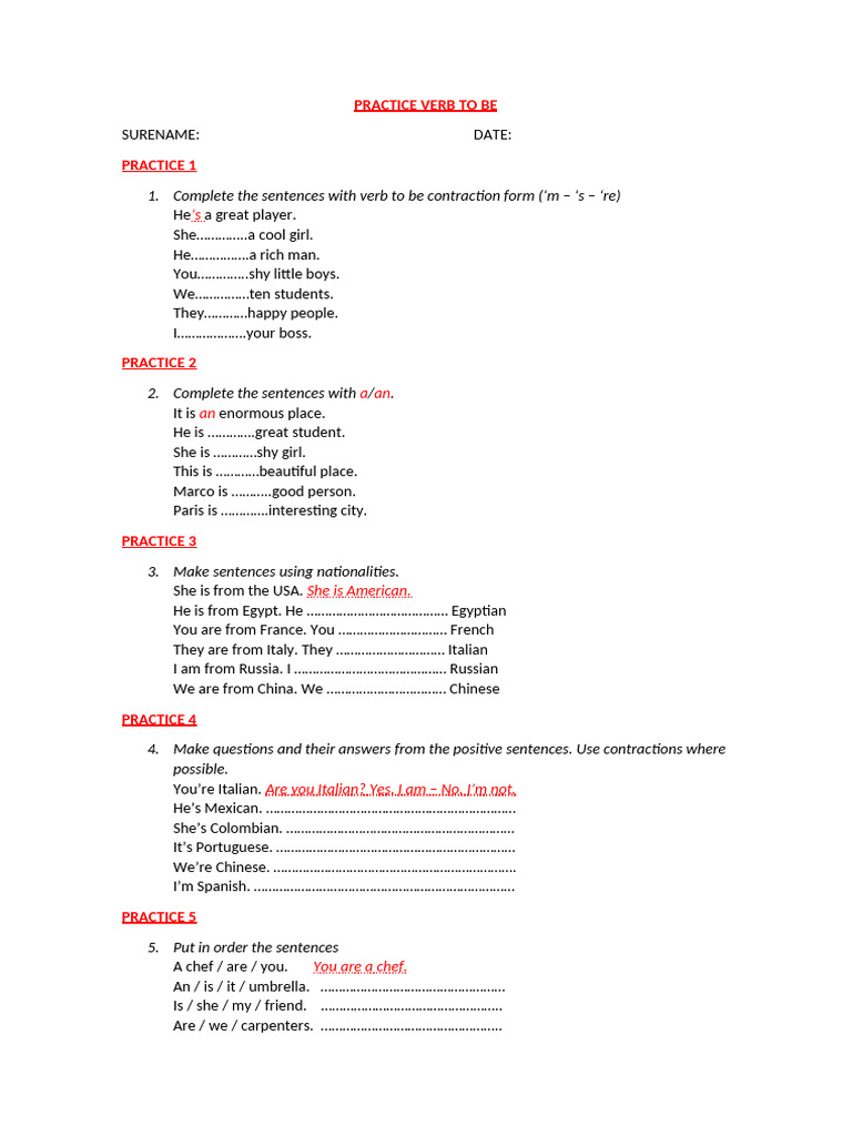 Practice Verb To Be | PDF | Language Families | Semantic Units