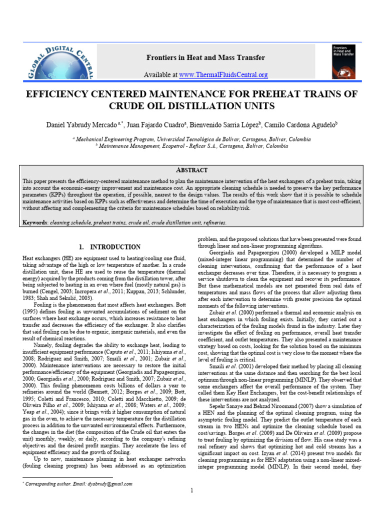 Efficiency Centered Maintenance For Preheat Trains of Crude Destilation ...