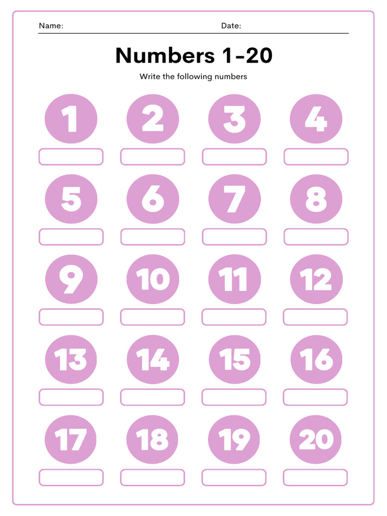 Numbers 1-20 Worksheet in Pink and Greyscale Simple Style PDF | PDF