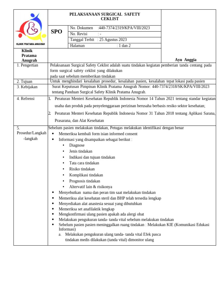 Panduan Pelaksanaan Surgical Safety Checklist | PDF