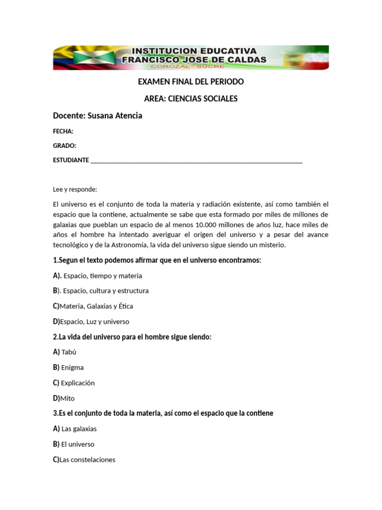 EXAMEN FINAL DEL Primer Periodo Grado 6º | PDF | Universo | Estrellas