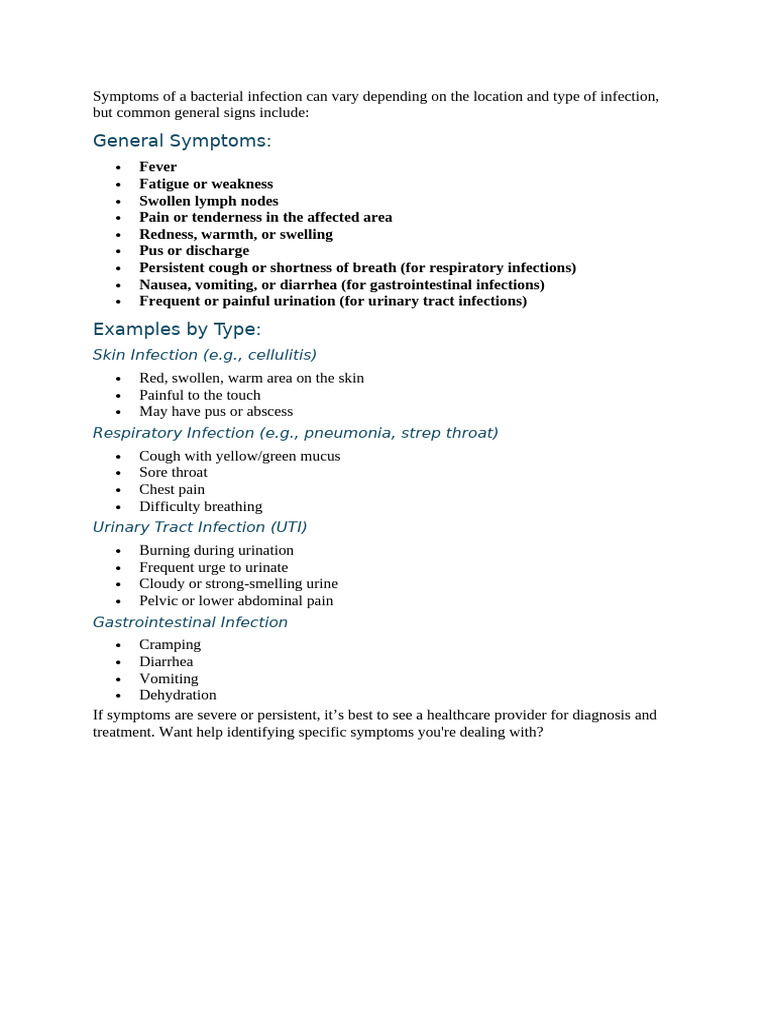 Common Bacterial Infection Symptoms | PDF