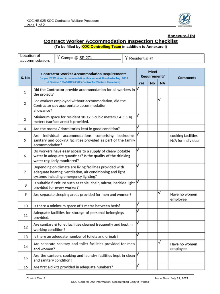 KOC - He.025.annexure-1b - Contract Worker Accommodation Inspection Checklist SP-982 | PDF ...