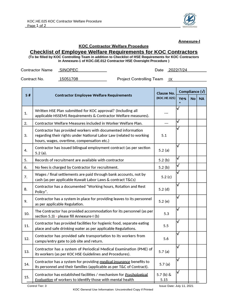 KOC Contractor Welfare Checklist | PDF | Employment | Labour Law