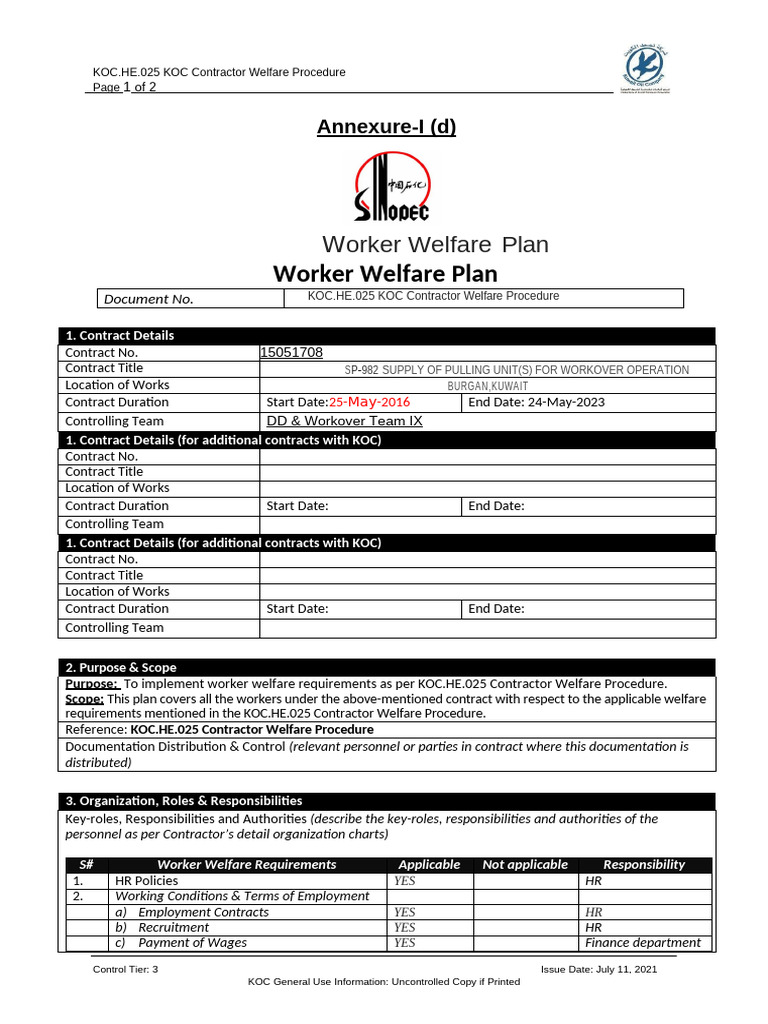KOC Contractor Welfare Procedure | PDF | Employment | Labor