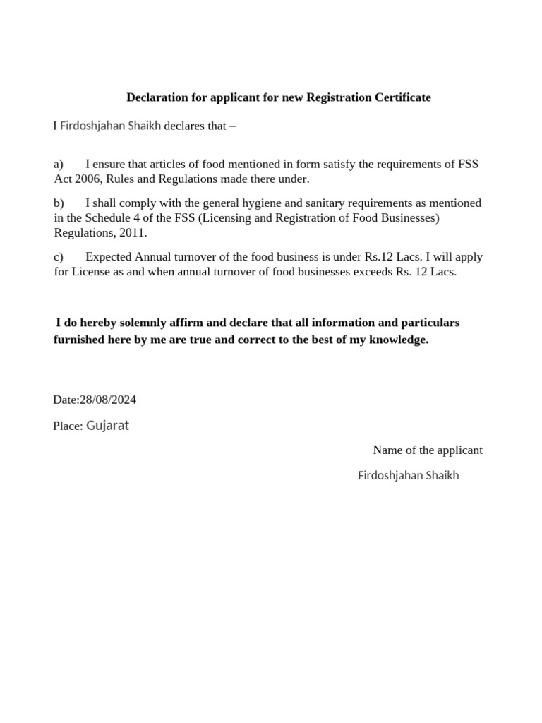 Food Business Registration Declaration | PDF