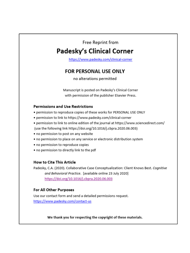Collaborative Case Conceptualization Padersky Pdf Cognitive Behavioral Therapy Psychotherapy