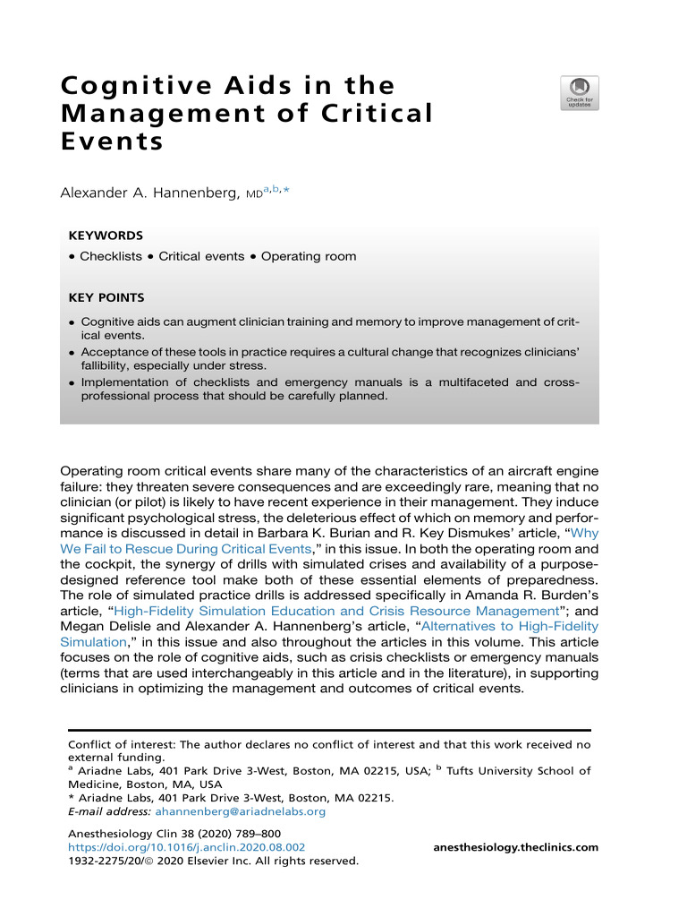 Cognitive Aids in The Management of Critical Events | PDF | Anesthesia ...