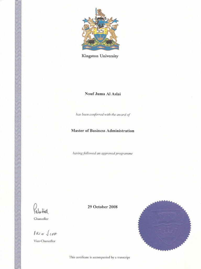 1561620604 MBA Certificate Kingston University Nouf | PDF