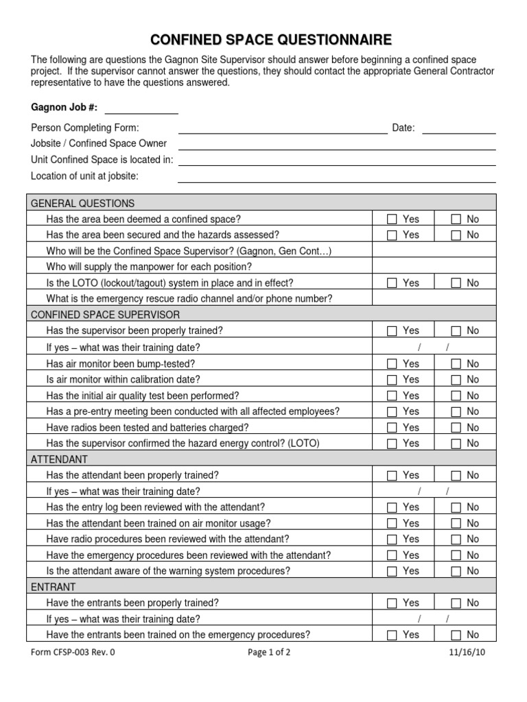 (18-C) CFSP-003 - Confined Space Questionnaire | PDF | Occupational Safety And Health | Safety