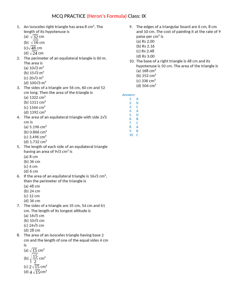 1721723174hirons Formula STD 9 (MCQ) | PDF | Area | Triangle