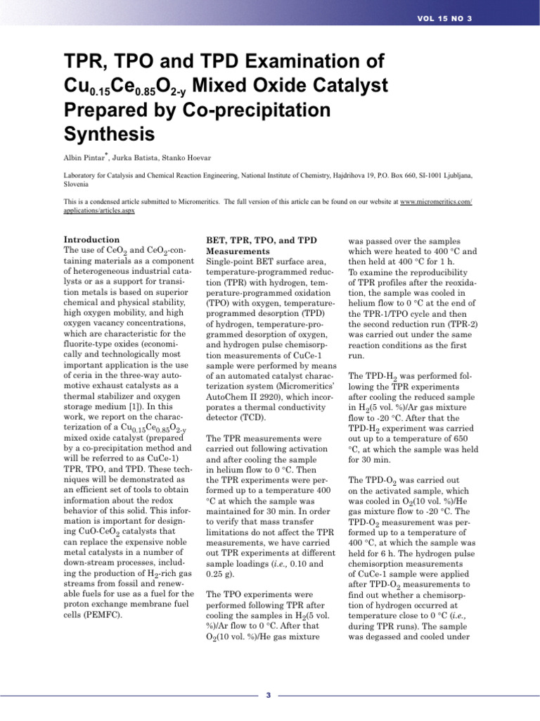 TPR, TPO and TPD Examination of Cu0.15 Ce0.85 O2-Y Mixed Oxide Catalyst Prepared by ...