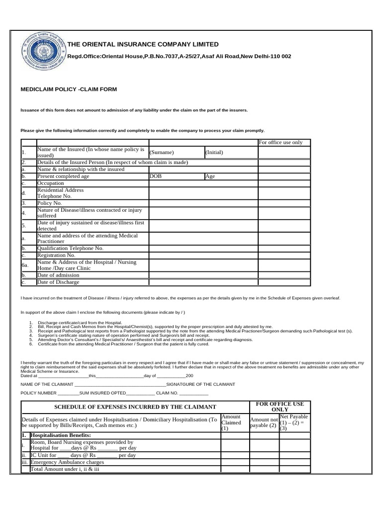 Oriental Insurance Claim Form Guide | PDF | Hospital | Childbirth