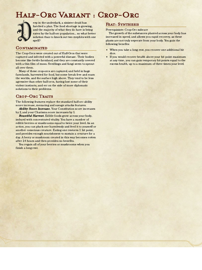 Half-Orc Subrace - Crop-Orc - The Homebrewery | PDF
