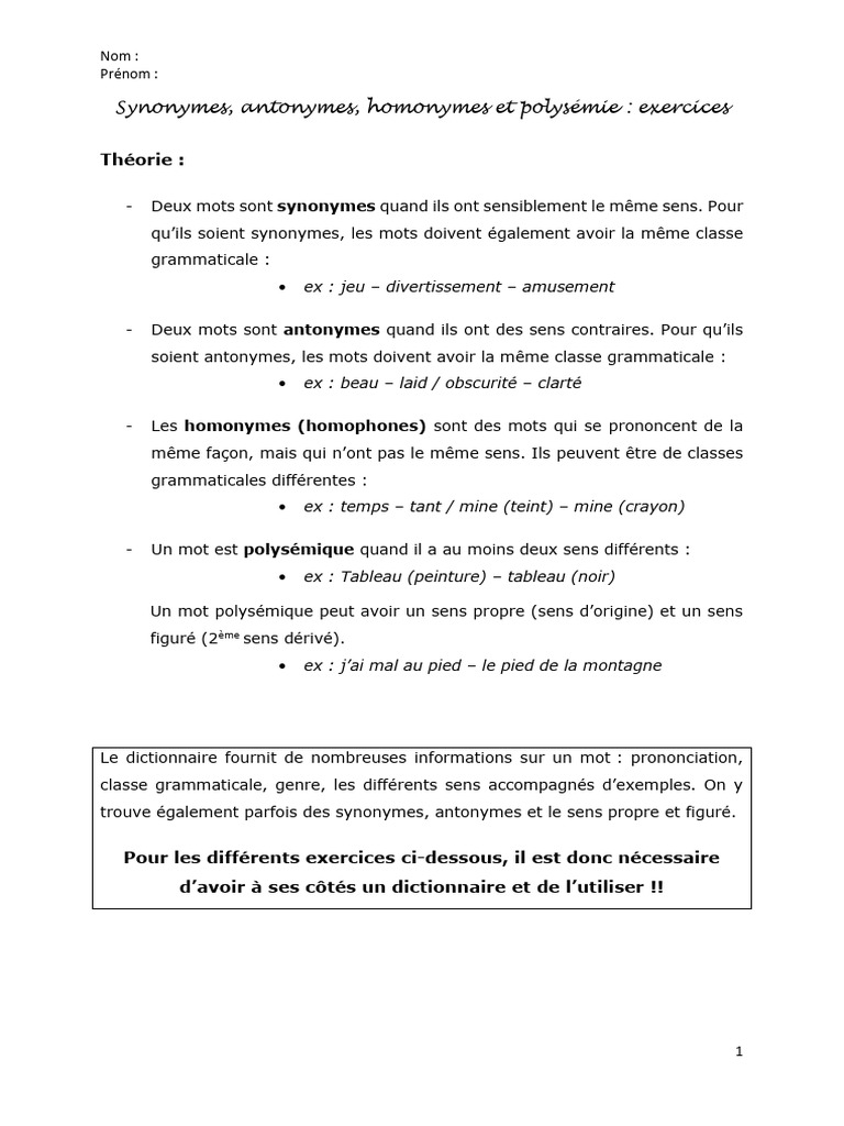 Exercices sur synonymes et antonymes | PDF | Dictionnaire | Grammaire