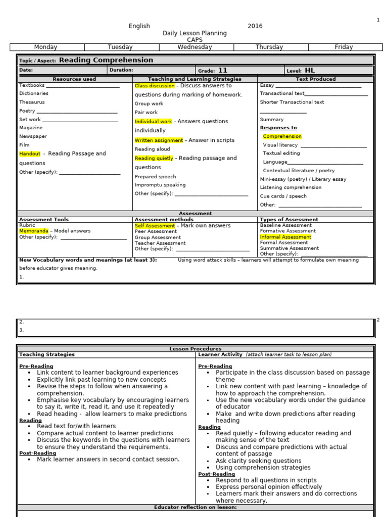Lesson Plan reading comprehension | PDF | Reading Comprehension ...