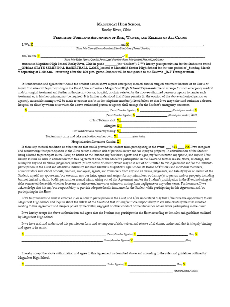 Basketball Permission Form and Assumption of Risk Waiver | PDF ...