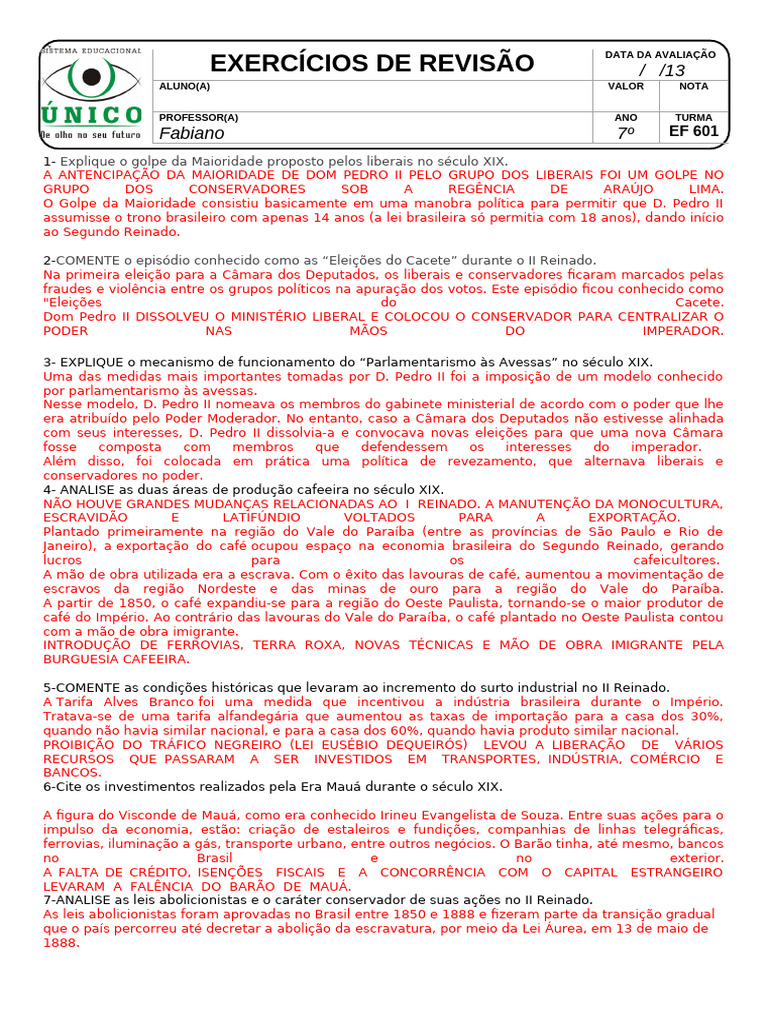 Gab Exerc Revis Prova Cap 13 - 8 Ano | PDF | Abolicionismo | Escravidão