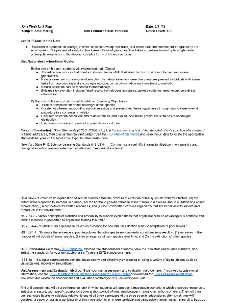 Evolution Unit Plan | PDF | Evolution | Natural Selection