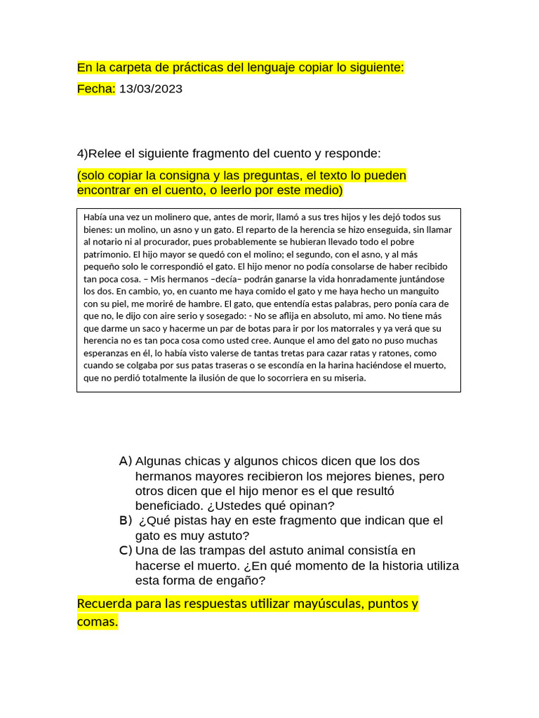 Preguntas sobre el cuento del gato astuto | PDF