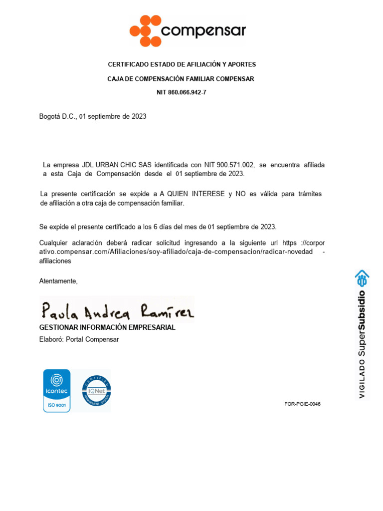 Certificado JDL Urban Chic CCF | PDF