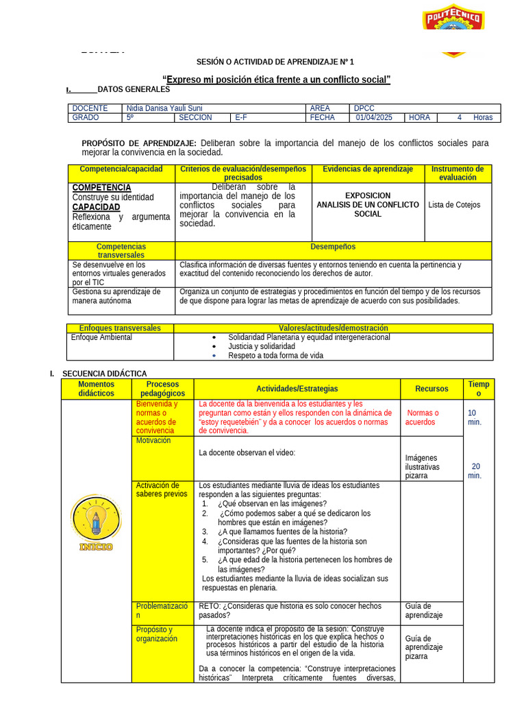 SESION 1 DPCC | PDF | Maestros | Aprendizaje