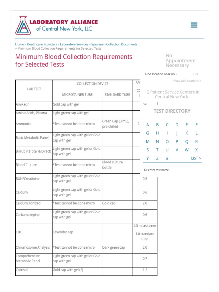 Blood Collection Requirements for Tests | PDF | Hepatitis B | Blood Plasma