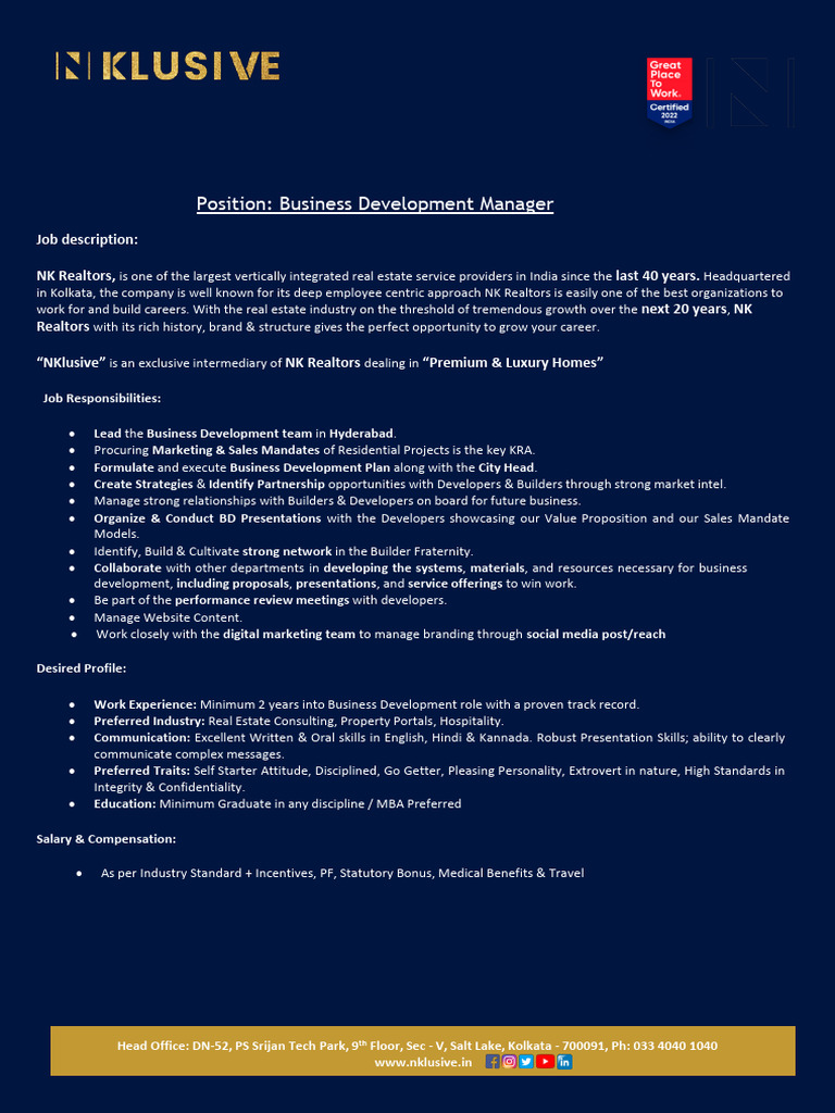 NK Realtors Business Development Manager Salary | PDF | Economies ...