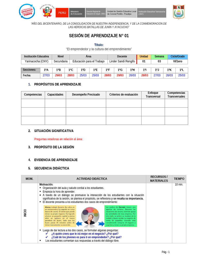 Formato Sesion de Aprendizaje 2024 | PDF | Iniciativa empresarial | Maestros