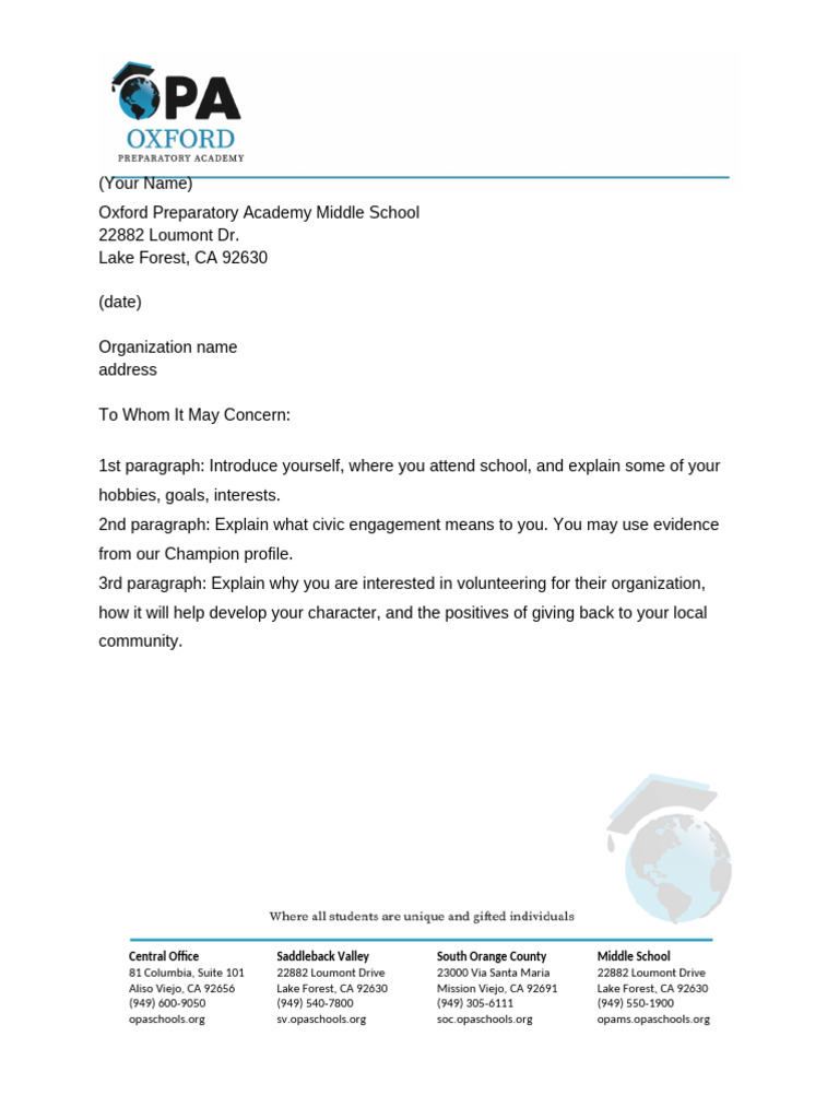 Civic Engagement Volunteer Letter Template | PDF