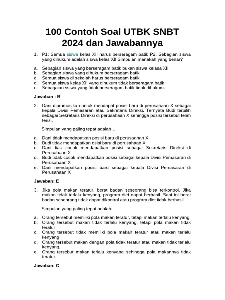 Contoh Soal UTBK SNBT 2024 dan Jawaban | PDF