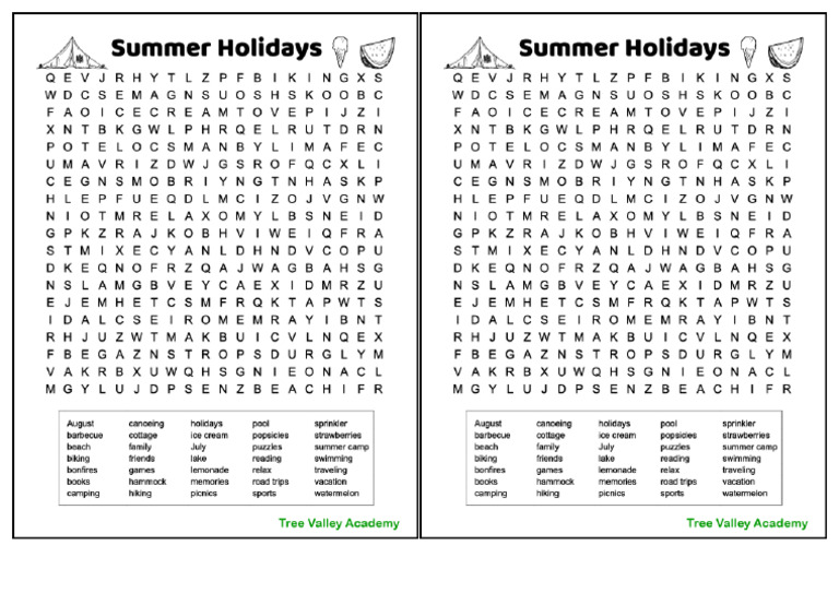 WORD SEARCH SUMMER HOLIDAYS | PDF