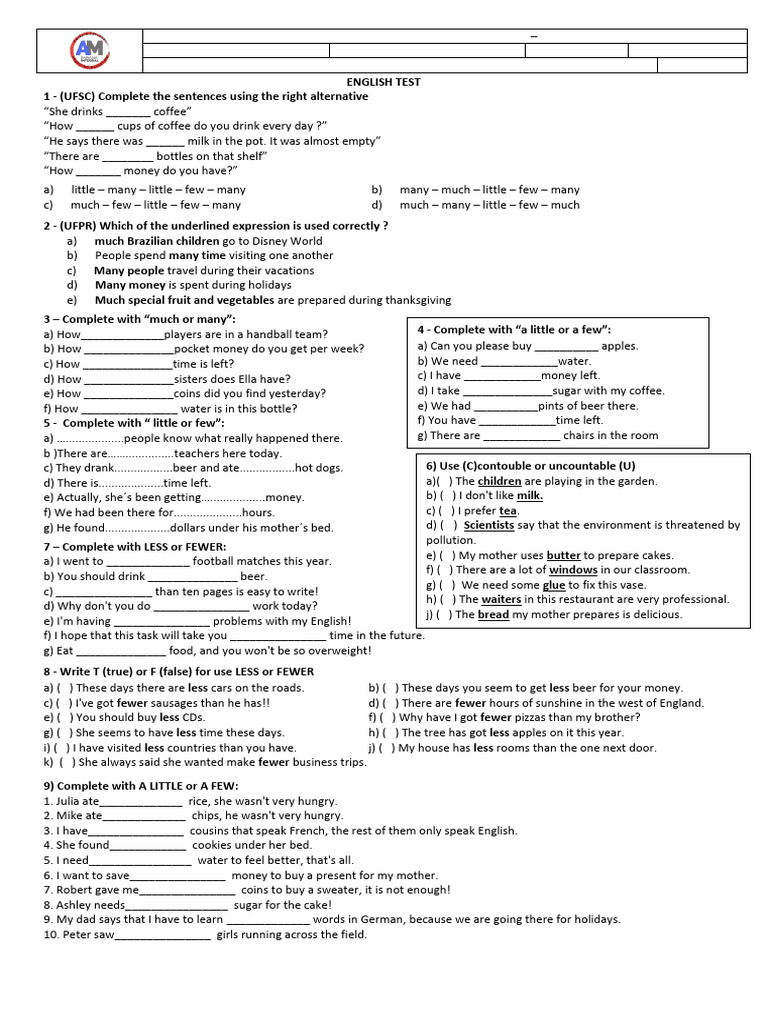 English Test - Quantifiers 2025 | PDF | Foods