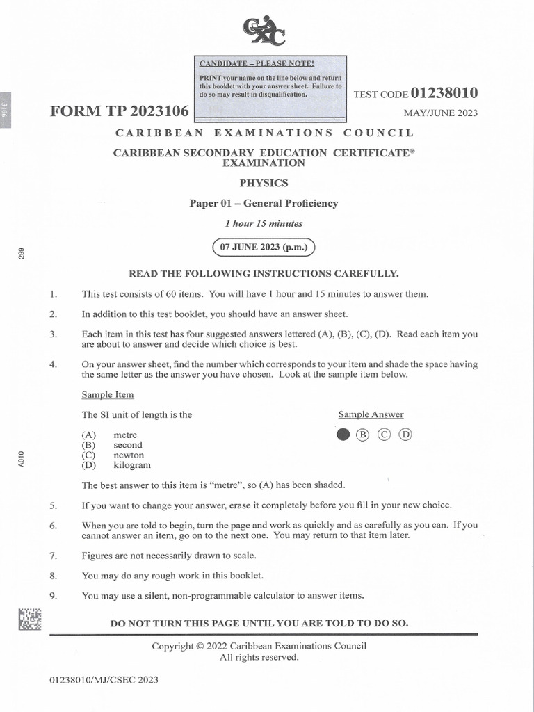CSEC Physics June 2023 P1 Answers | PDF