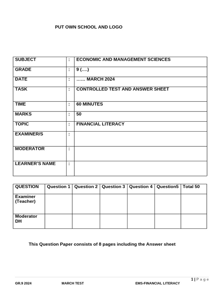 2024 Gr.9 March QP Test p1 - Financial Literacy | PDF | Debits And ...