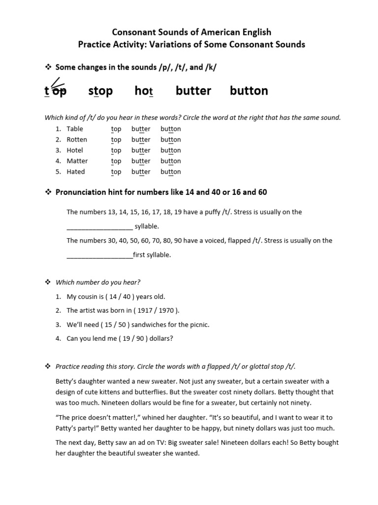Variations in Some Consonant Sounds Practice Activity Handout | PDF