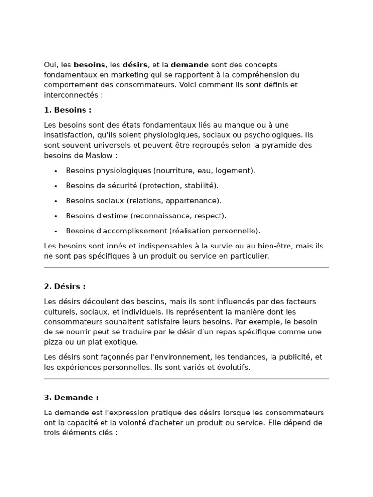 Besoins, désirs et demande en marketing | PDF | Commercialisation ...