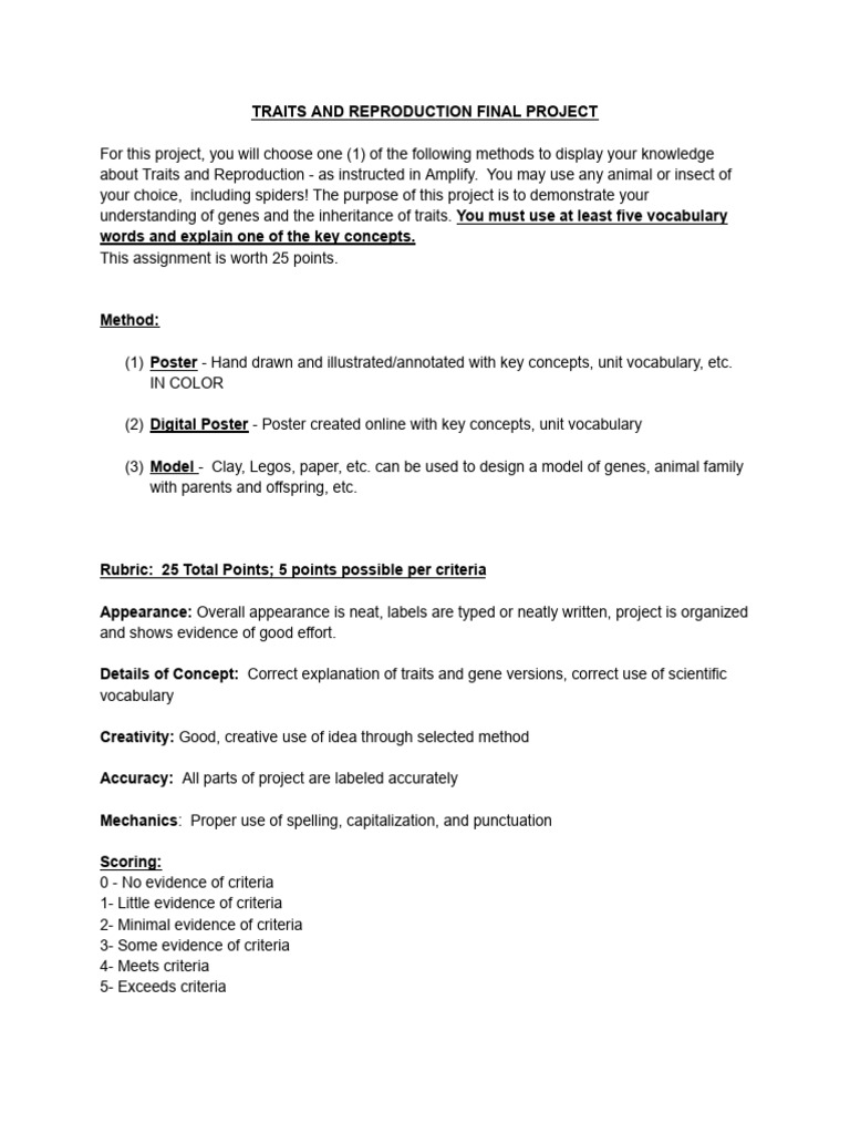 Traits and Reproduction Final Project | PDF