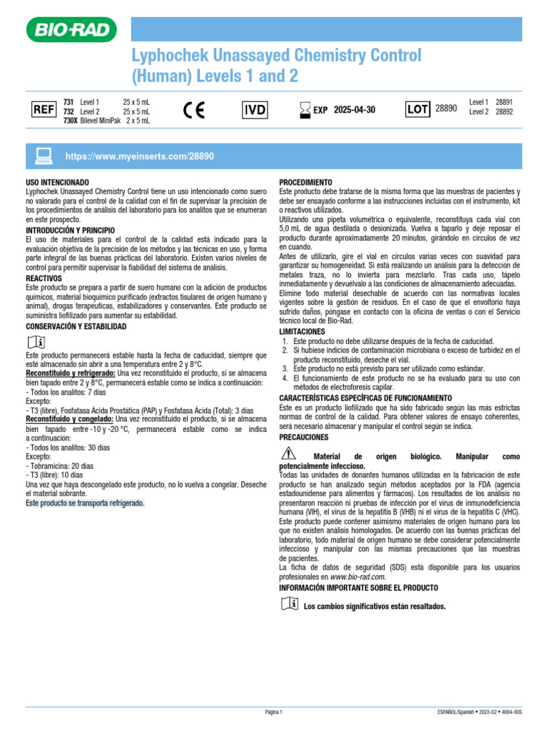 Lyphochek Unassayed Chemistry Control (Human) Levels 1 and 2 | PDF ...