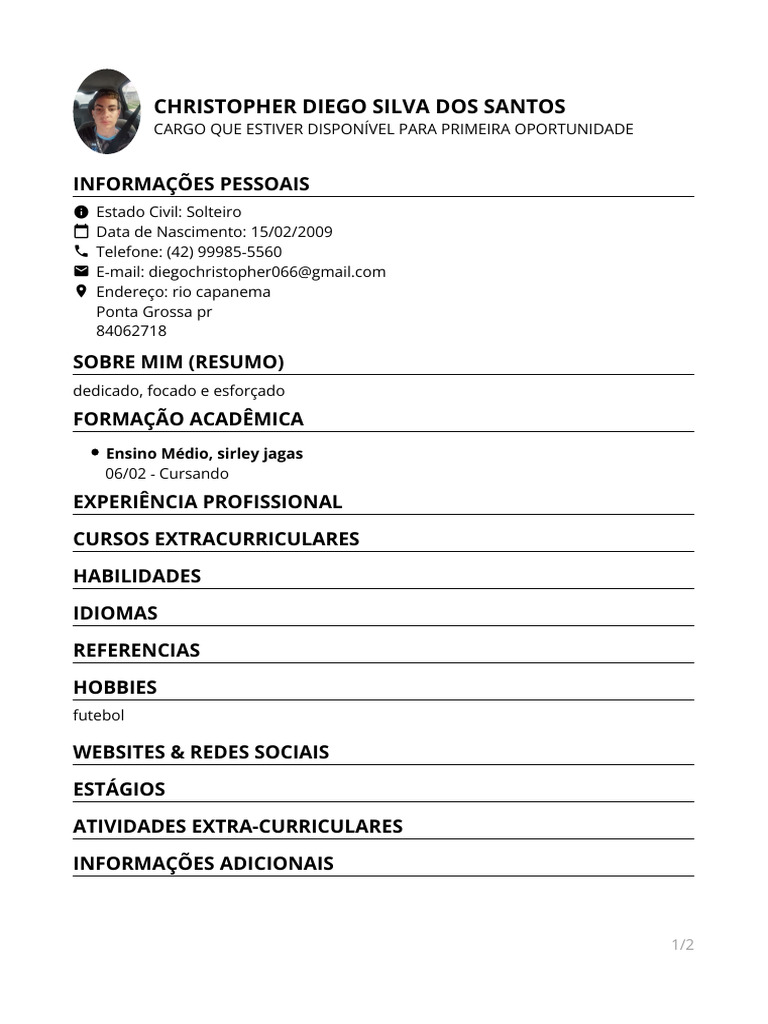 Currículo - Christopher Diego Silva Dos Santos | PDF