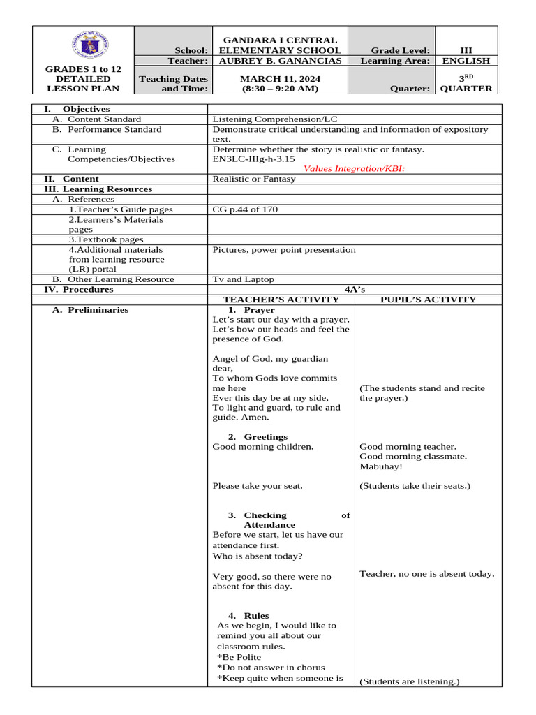 Grade 3 English Lesson Plan: Realism vs. Fantasy | PDF | Teachers ...