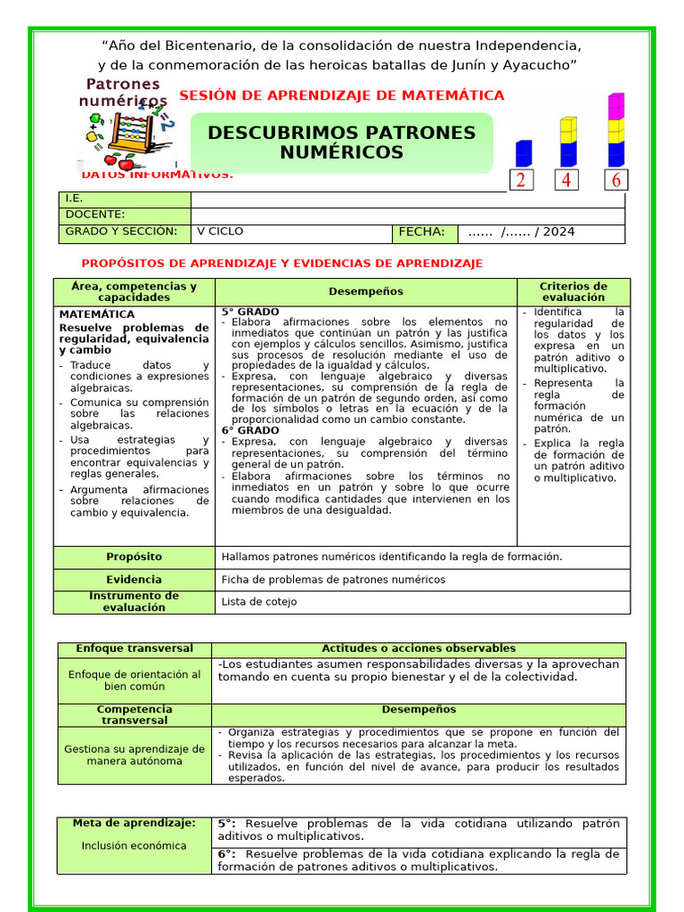 "Patrones Numéricos en Matemática 5° y 6°" | PDF | Aprendizaje | Ecuaciones
